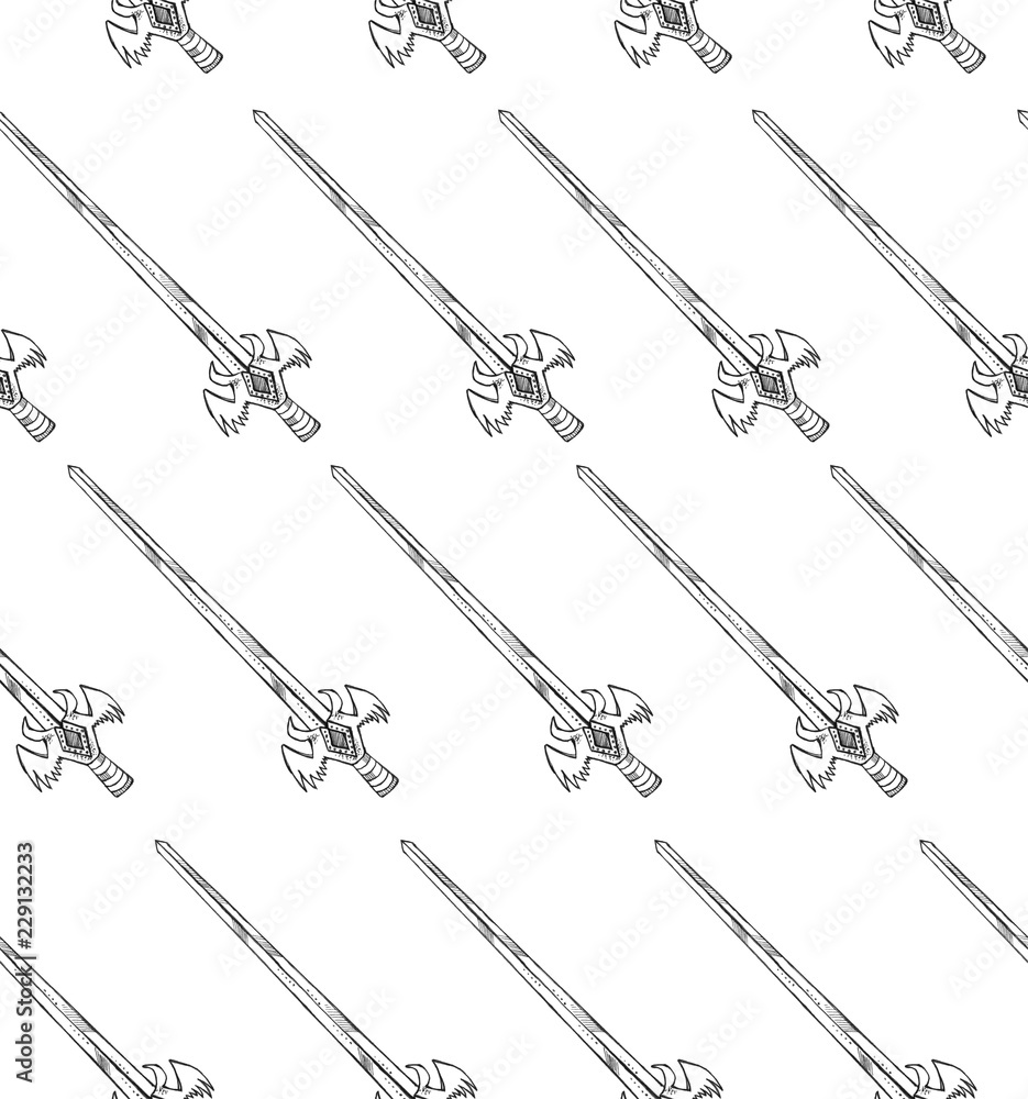 Seamless texture with a sword and dagger. Repeating middle ages style ...