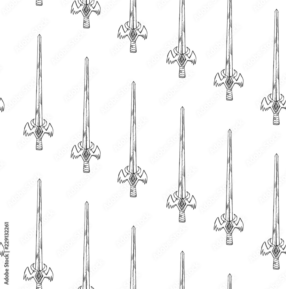 Seamless texture with a sword and dagger. Repeating middle ages style ...