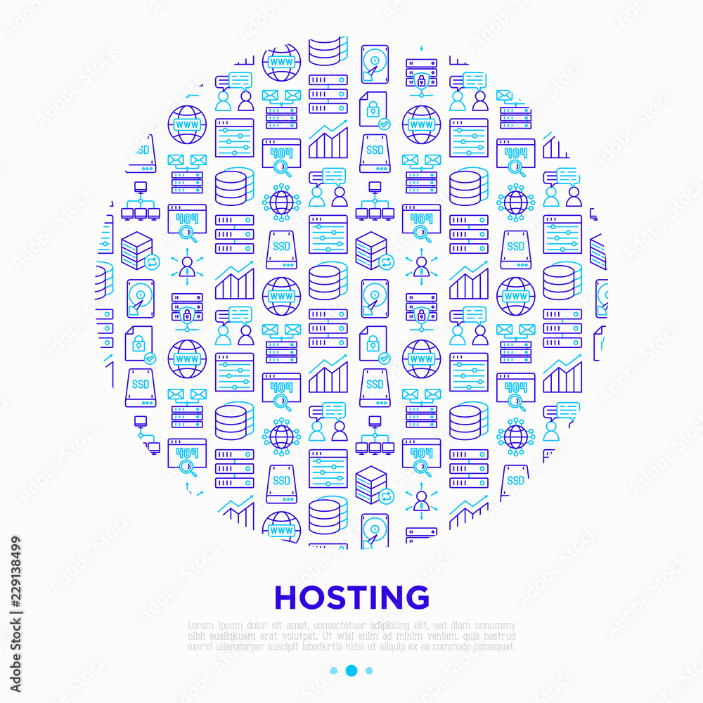 Hosting Concept In Circle With Thin Line Icons Vps Customer Support Domain Name Automated