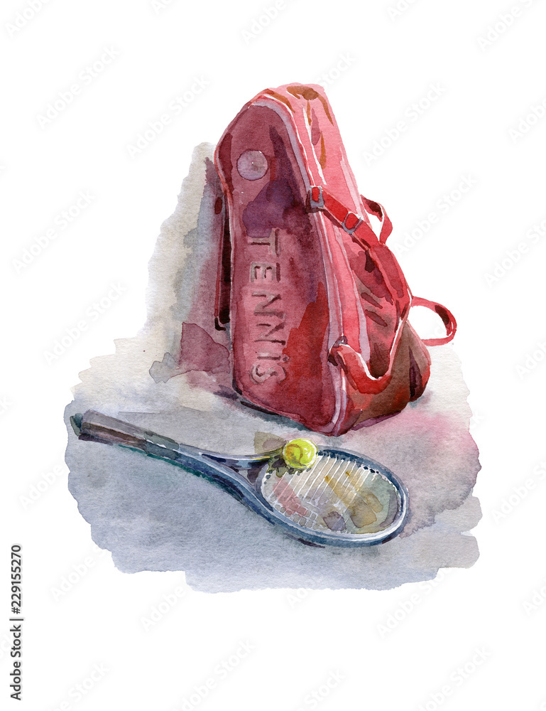 Watercolor hand-paint. Red tennis bag racket and ball. Illustration ...