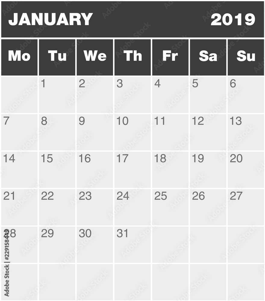 Classic month planning calendar in English for January 2019, Monday to ...