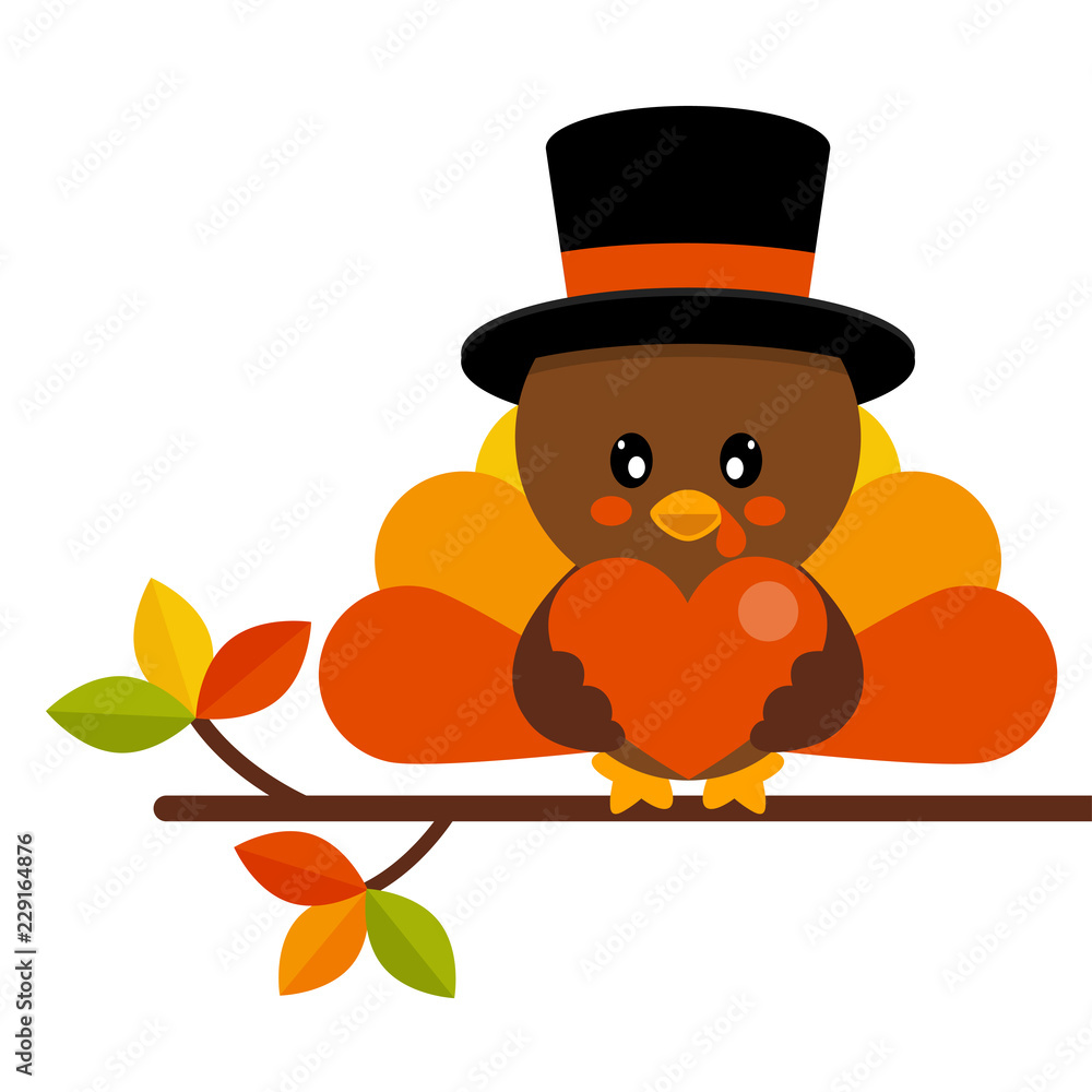 cartoon cute turkey in hat vector with heart on a branch Stock Vector ...