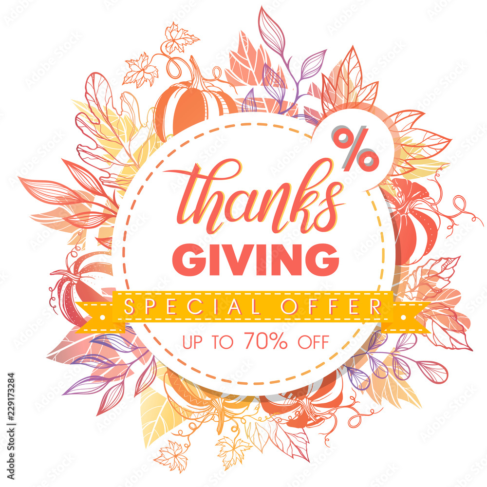 Thanksgiving special offer banner.Hand drawn lettering with leaves in ...