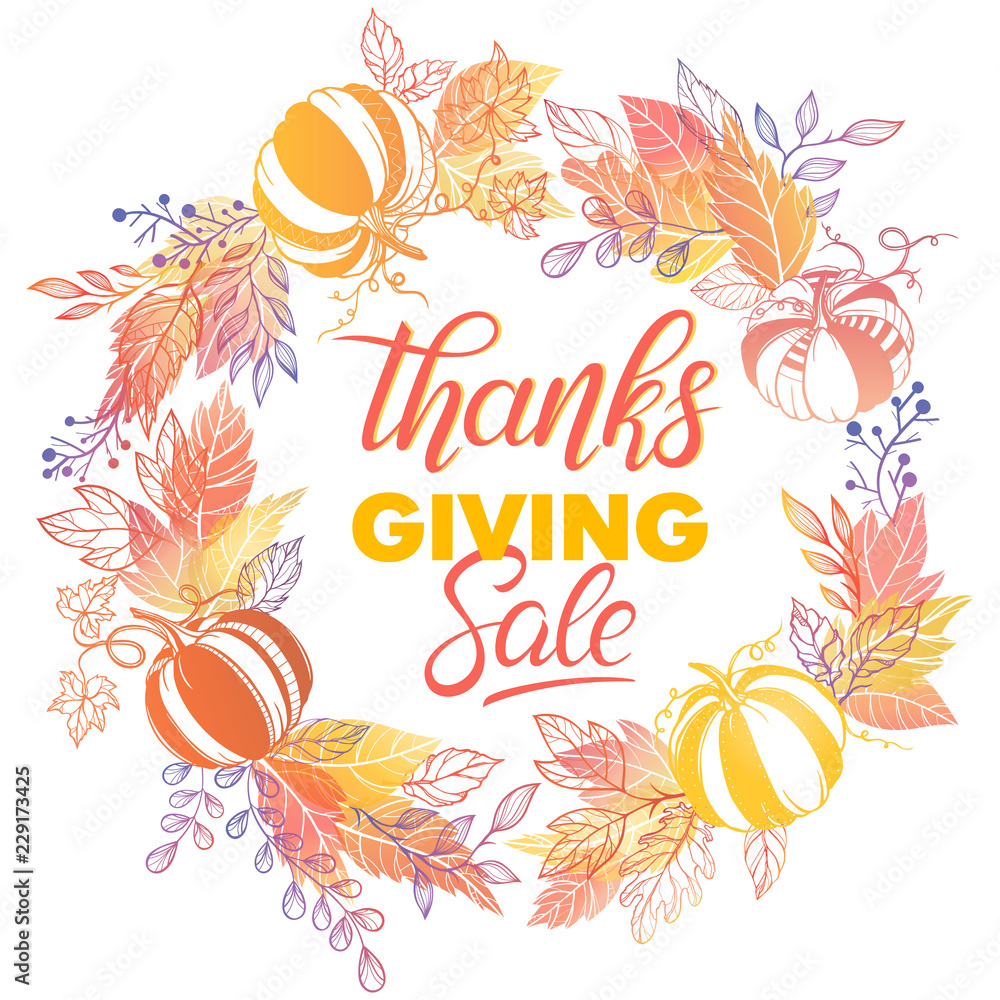 Thanksgiving special offer banner.Hand drawn lettering with leaves in ...
