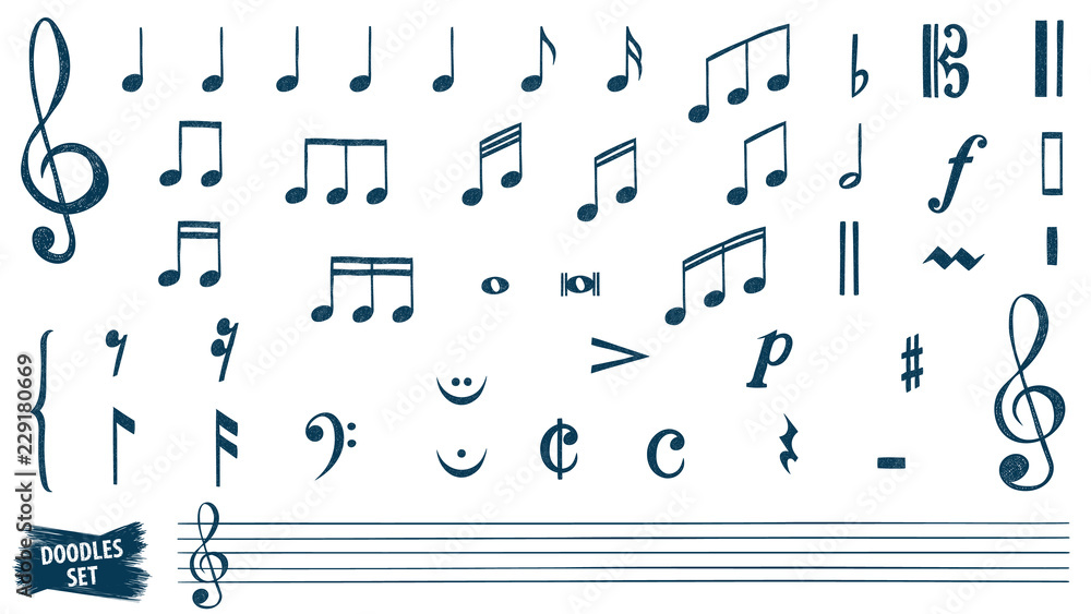 Music notes doodles set. Treble clef. Hand drawn detailed sketch. G ...