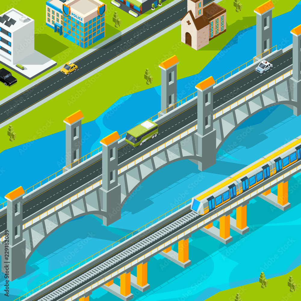 Town bridge landscape. Building footbridge pedestrian car overpass road ...