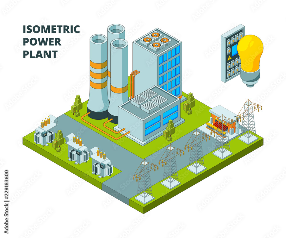 Electric power factory. Industrial electricity plant or station energy ...