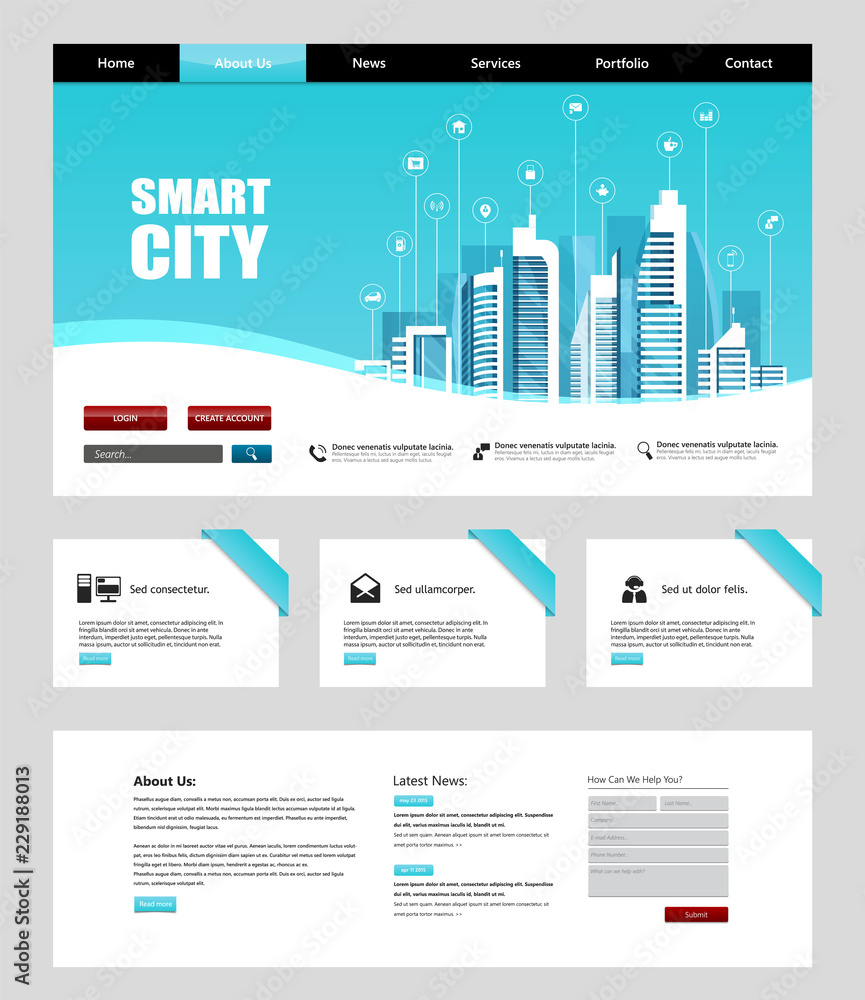 One Page Website Template with Flat illustration of Smart City Header ...