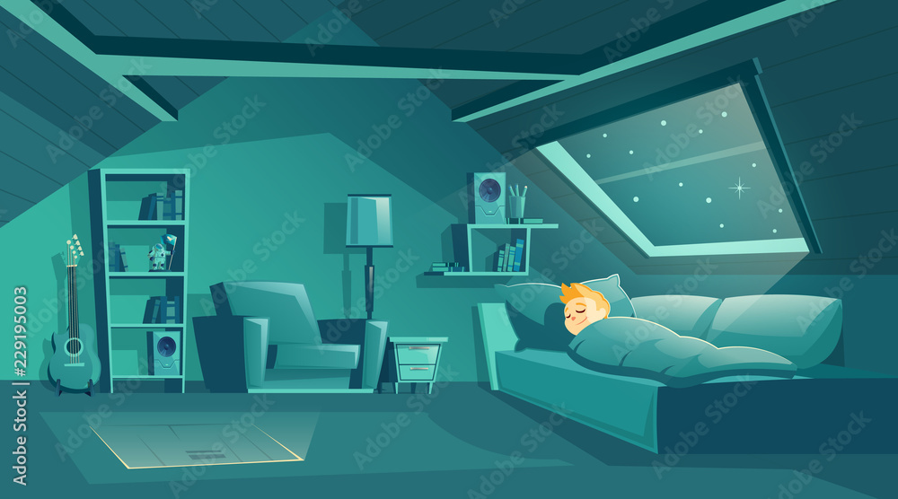 Vector cartoon attic room at night with boy sleeping on sofa, modern ...