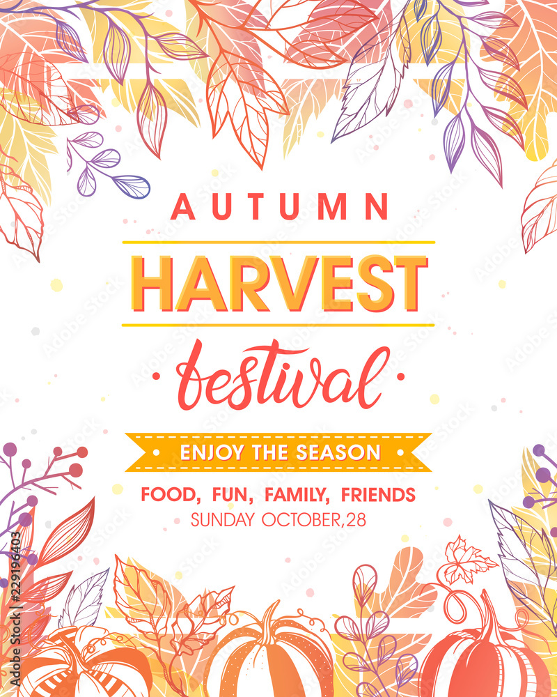 Autumn harvest festival poster with harvest symbols, leaves and floral ...