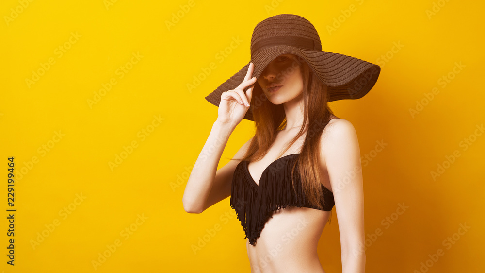 Sexy Girl In Summer Black Hat And Swimsuit Black Friday Concept Young