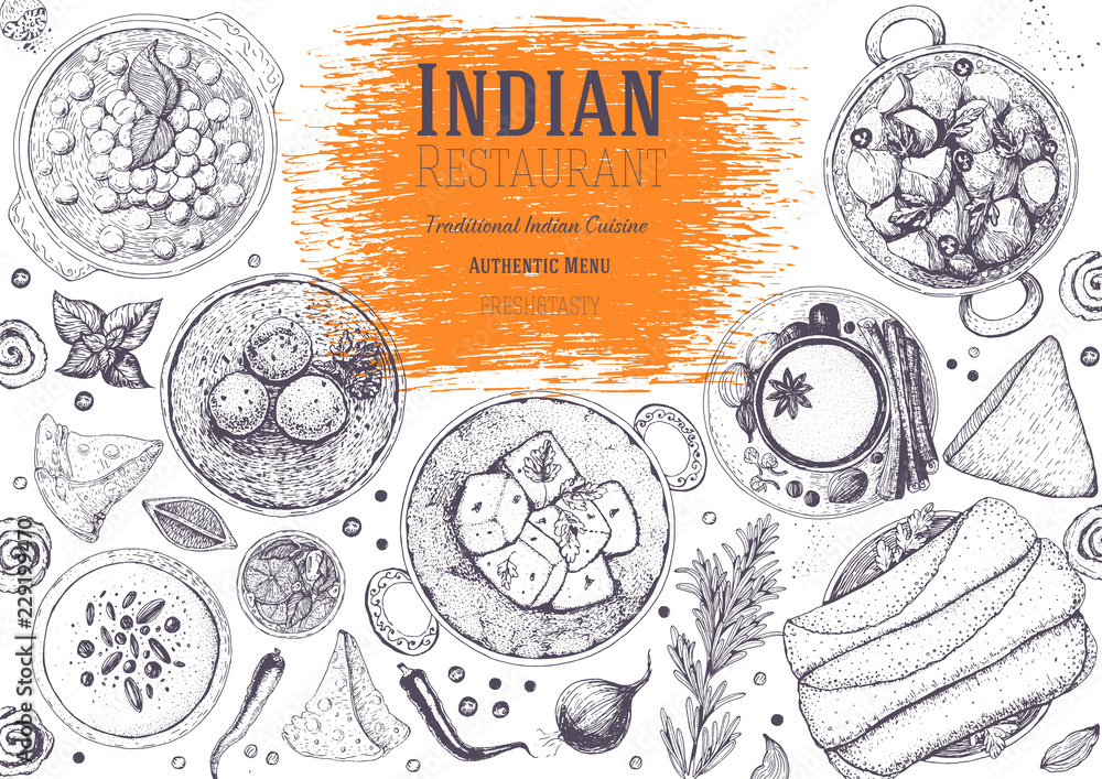Indian cuisine top view frame. Indian food menu design. Vintage hand ...