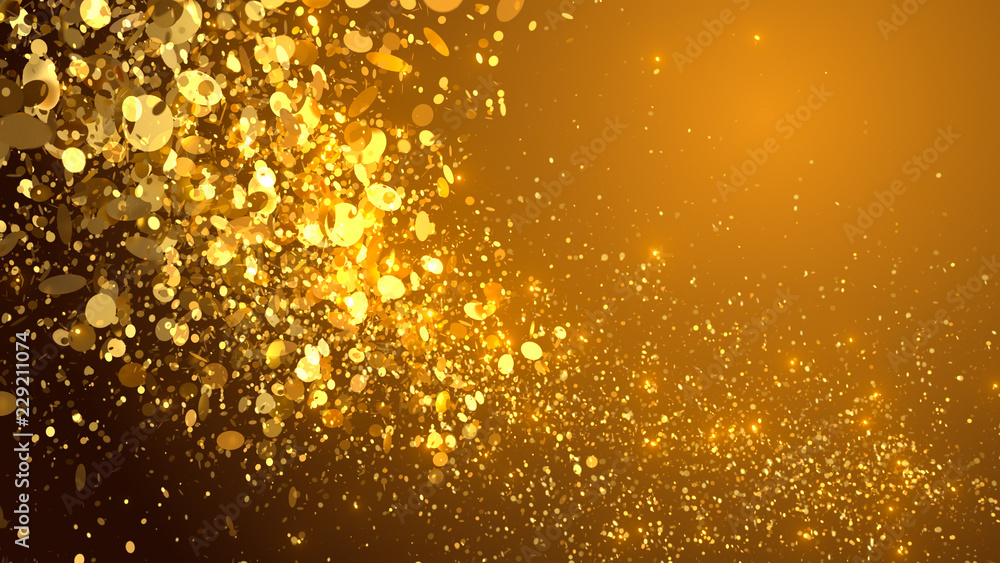 3d render festive background. Randomly flowing bright particles. Bright ...