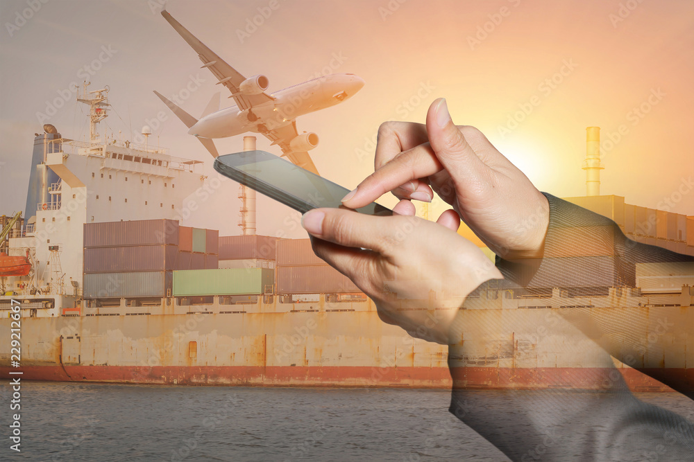 Hand touch screen smartphone, mobile, Container Cargo ship, Cargo plane ...