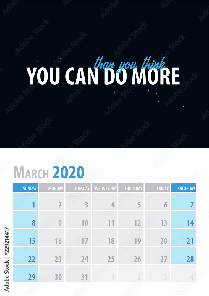 March. Calendar Planner 2020 with motivational quote on black ...