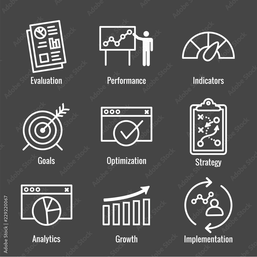 KPI - Key Performance Indicators Icon set with Evaluation, Growth ...