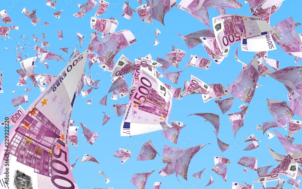 Flying euro banknotes isolated on a blue background. Money is flying in ...