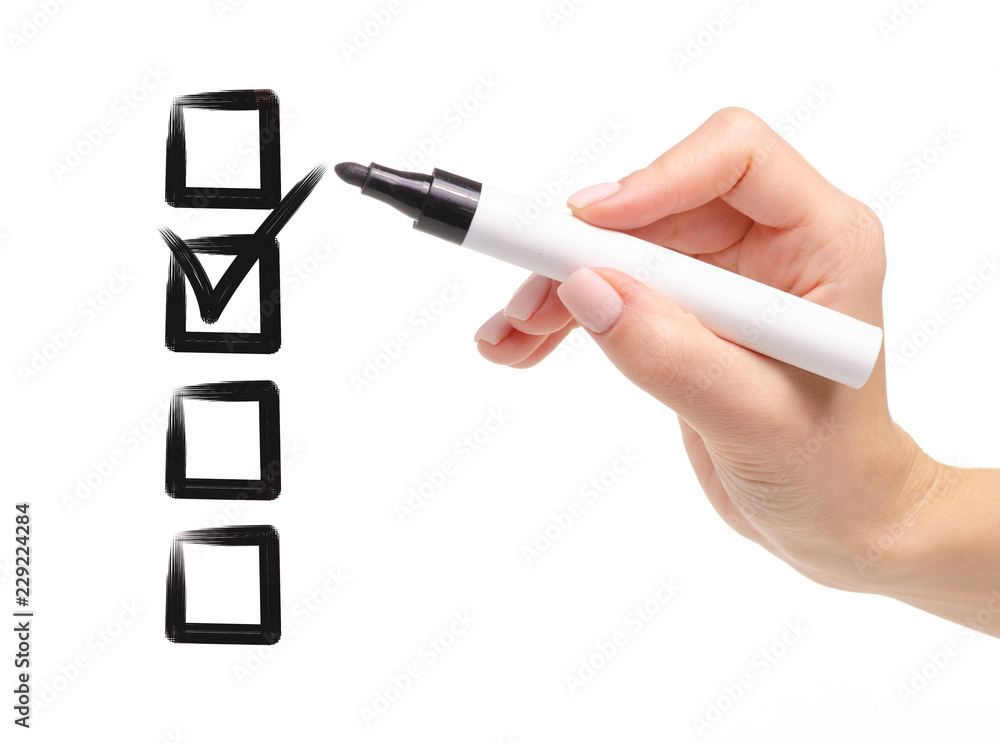 Hand with marker and check boxes isolated on white background Stock ...
