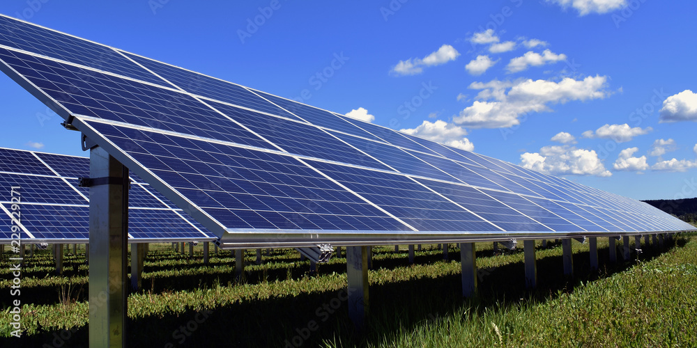 Solar panel photovoltaic close up. Panorama side view with beautiful ...