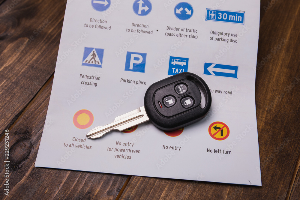 Foto de Concept - driving instruction. Closeup of road signs and car ...