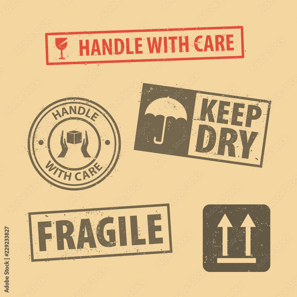 Set of fragile sticker handle with care and case icon packaging symbols ...