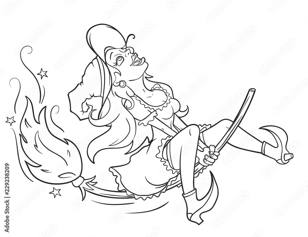 Joyful witch flying on a broomstick, hand drawn outline vector ...