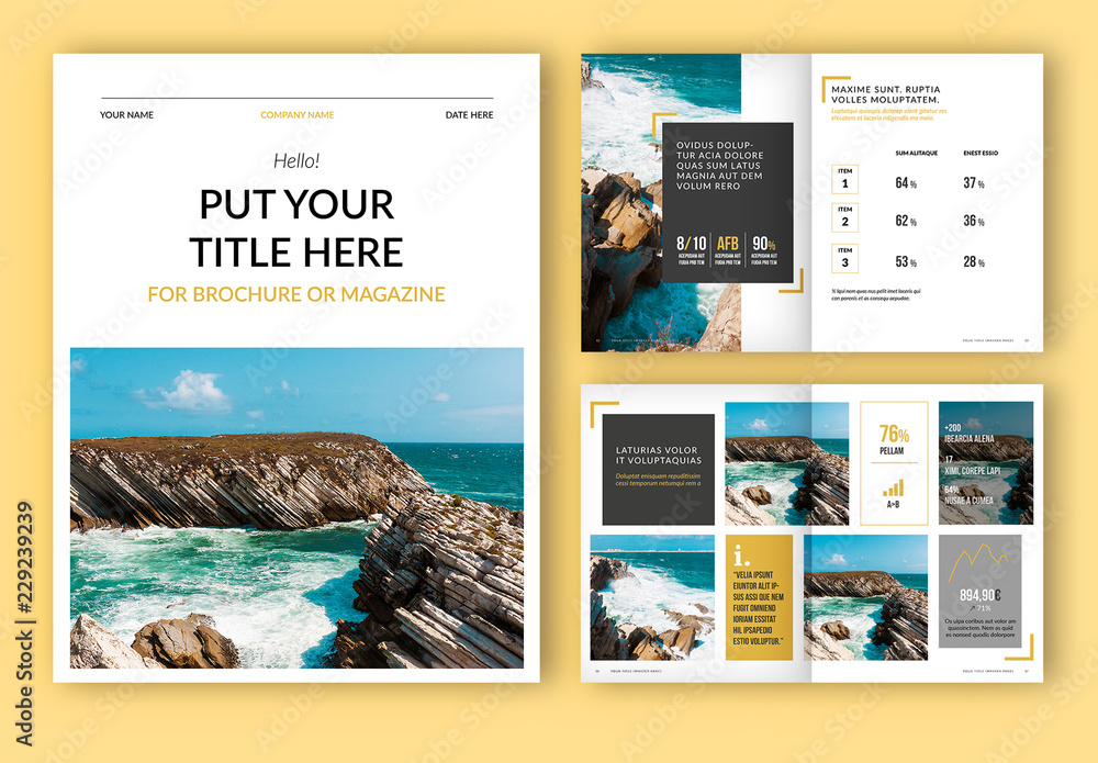Brochure/Magazine Layout with Yellow Accents Stock Template | Adobe Stock