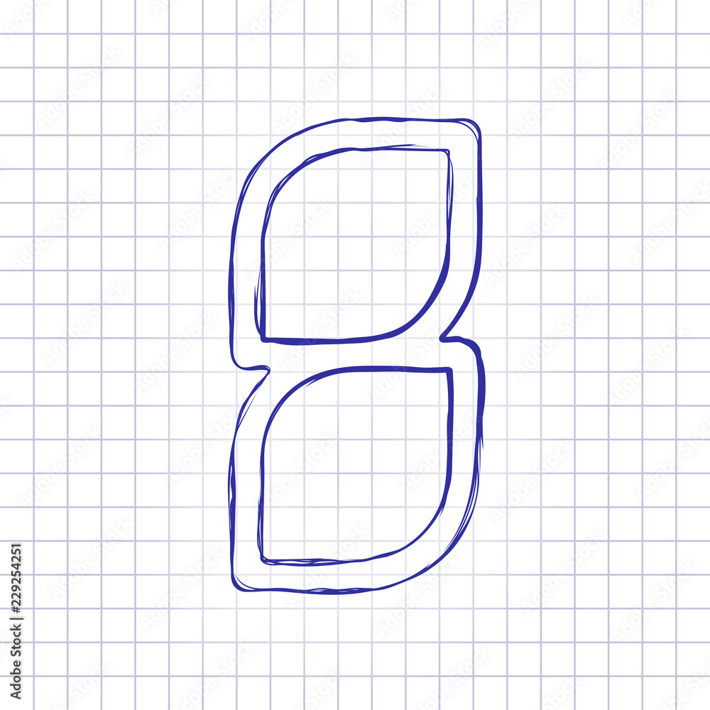 Number 8, numeral, eighth. Hand drawn picture on paper sheet. Blue ink ...