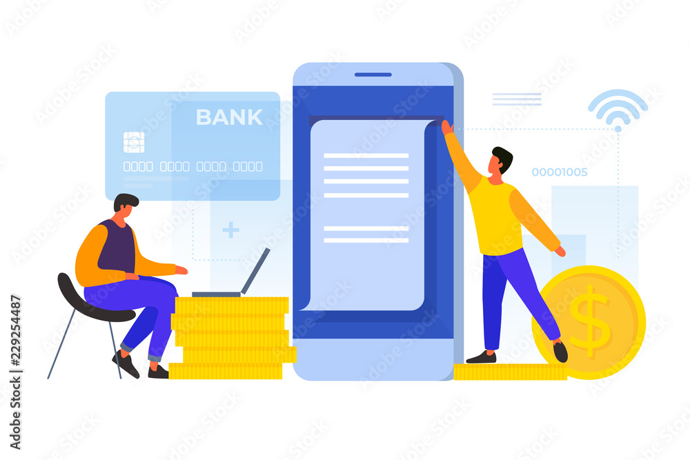 Concept of electronic payments. Young cartoon men make payment using ...