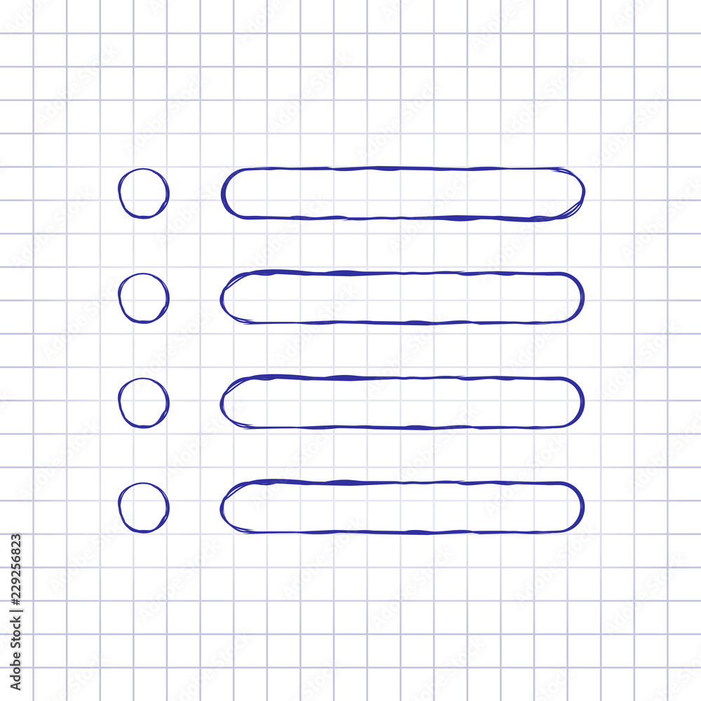 Simple list menu icon. Hand drawn picture on paper sheet. Blue ink, outline sketch style. Doodle ...