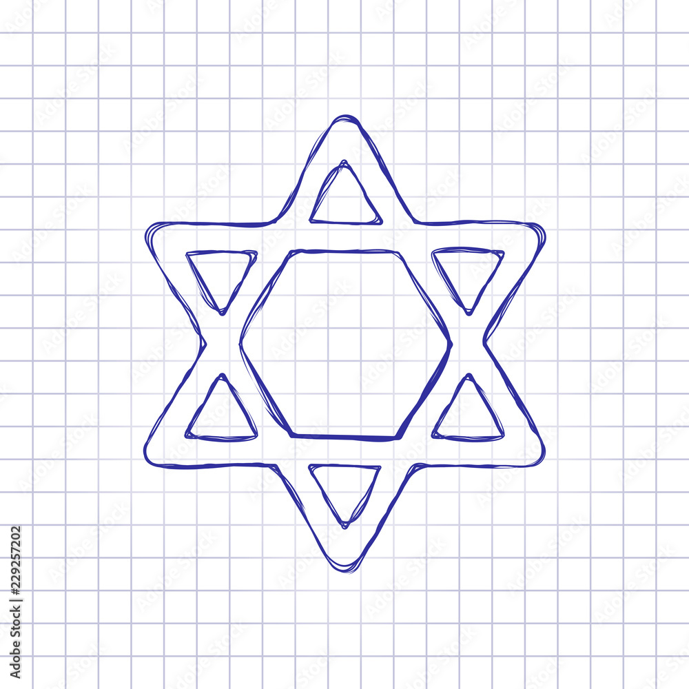 Star of david, simple icon. Hand drawn picture on paper sheet. Blue ink ...