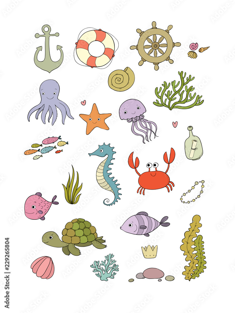 Marine illustrations set. Vector. Sea theme. isolated objects on white ...