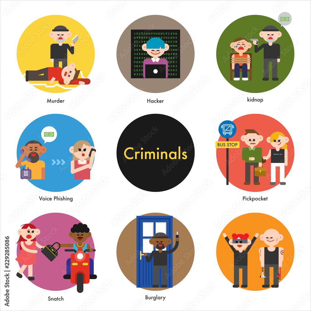 Cute characters for various crimes. flat design style vector graphic ...