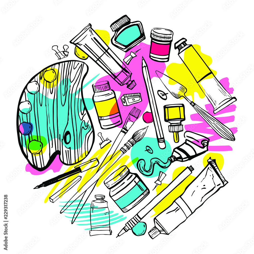 Round composition with hand drawn sketch vector artist materials. Black ...