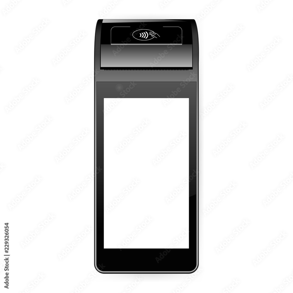 Mobile payment terminal mockup - top view. POS terminal with blank ...