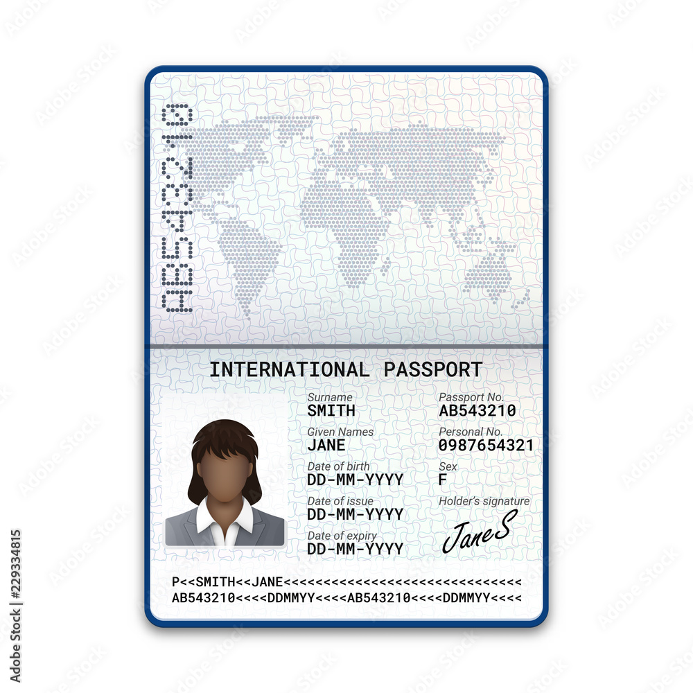 International female passport template with photo of a black woman ...