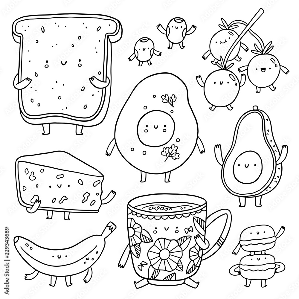 Breakfast characters outline set Stock Vector | Adobe Stock