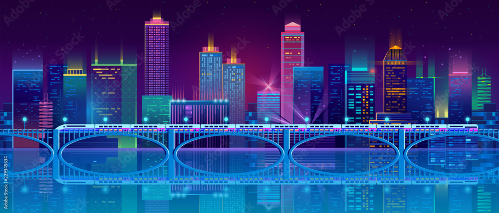 Vector concept background with night city illuminated with neon glowing ...