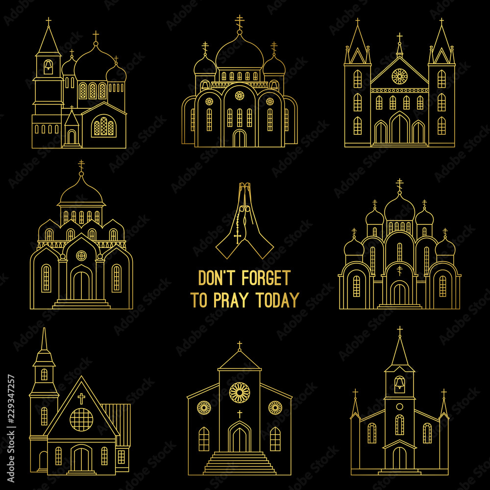 Gold line christian church icons and praying hands with prayer beads ...