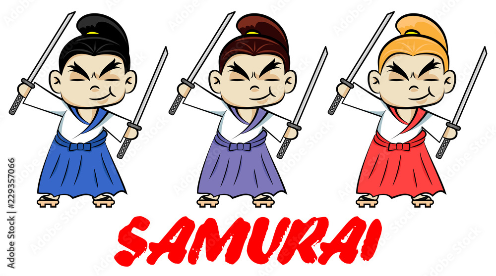 Funny chibi samurai with two katanas. Cute ninja samurai warrior ...
