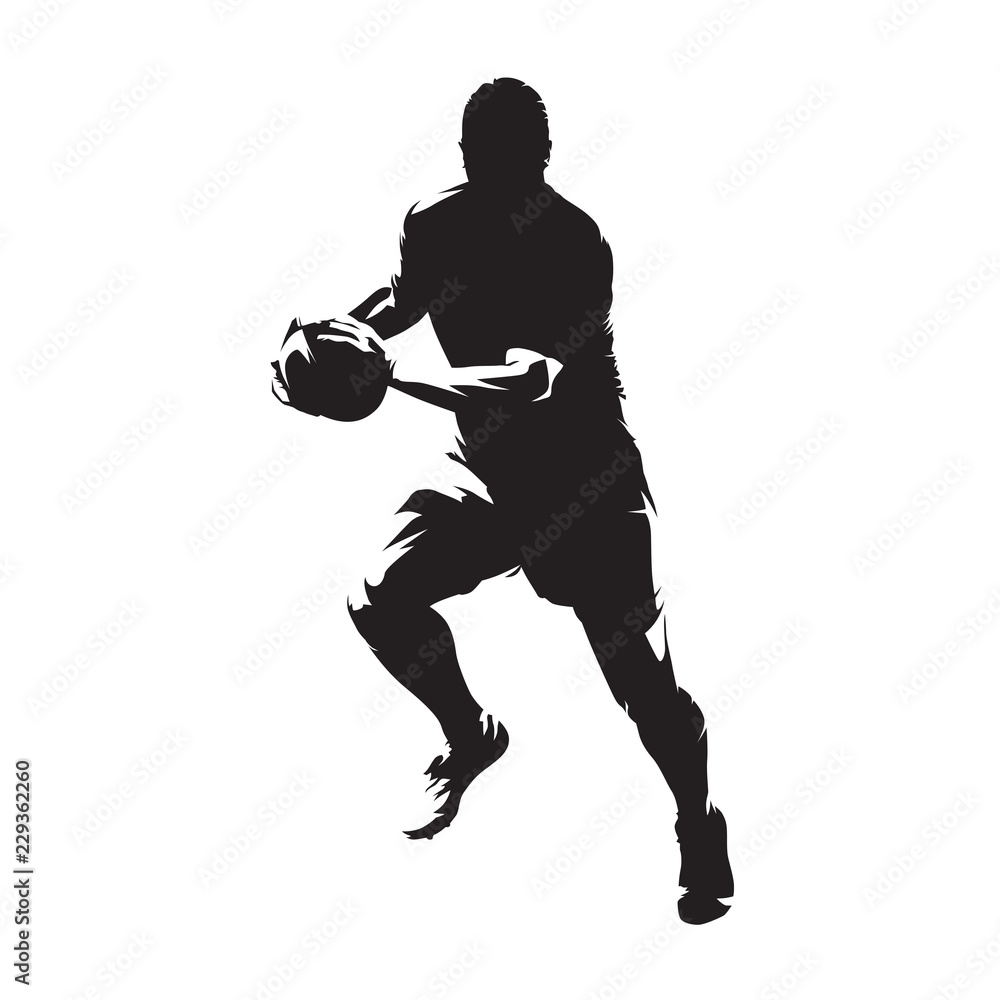 Rugby player running with ball, isolated vector silhouette,front view ...