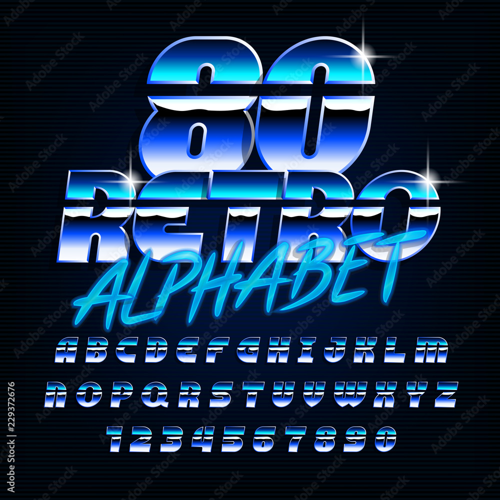 80s retro alphabet font. Uppercase shiny letters and numbers in blue ...