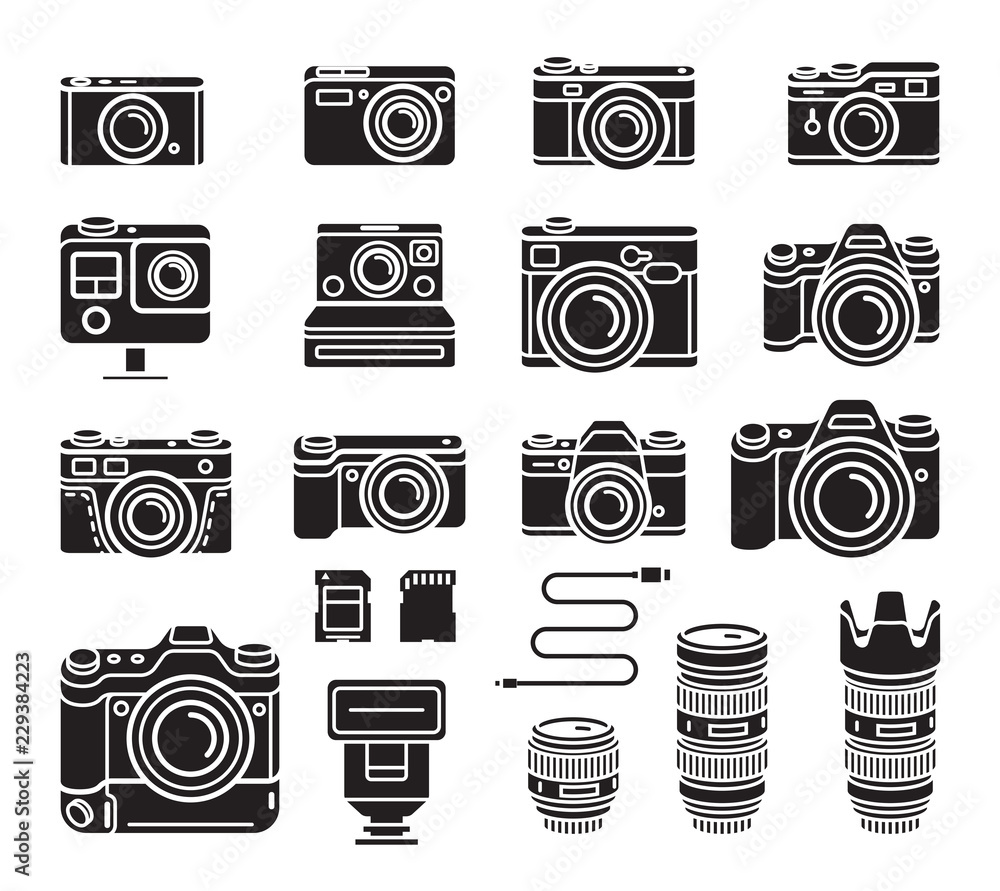 Camera black icons set. Vector illustration. Stock Vector | Adobe Stock