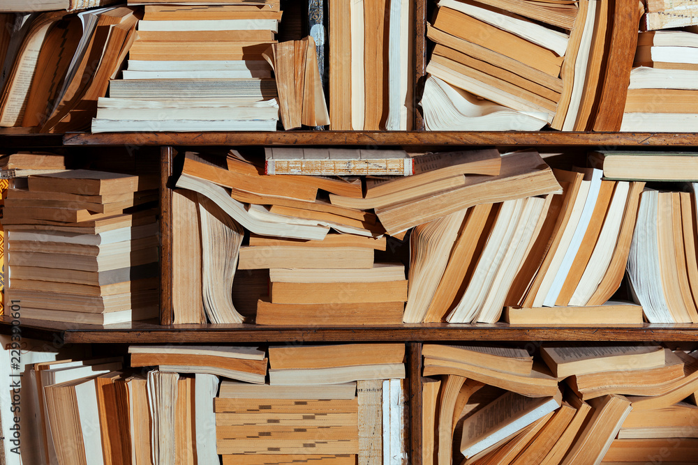 shelf different many old books library background shop random scattered ...