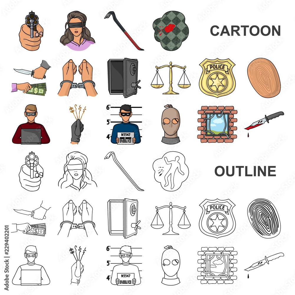 Crime and Punishment cartoon icons in set collection for design.Criminal vector symbol stock web ...