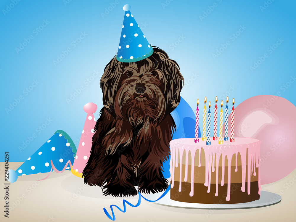 Happy birthday card with funny dog, cake, colorful balloons. Vector ...