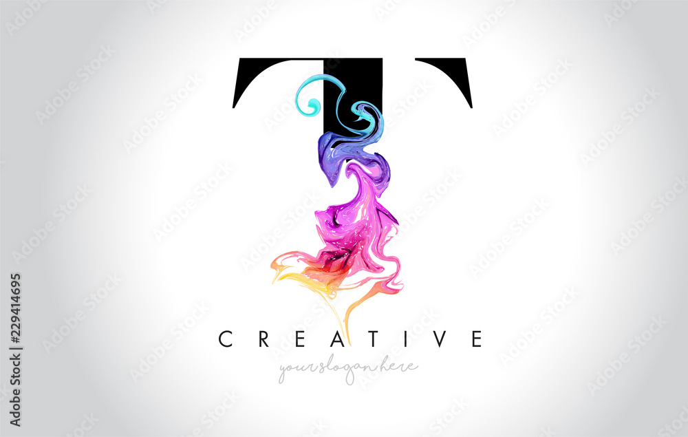 T Vibrant Creative Leter Logo Design with Colorful Smoke Ink Flowing ...