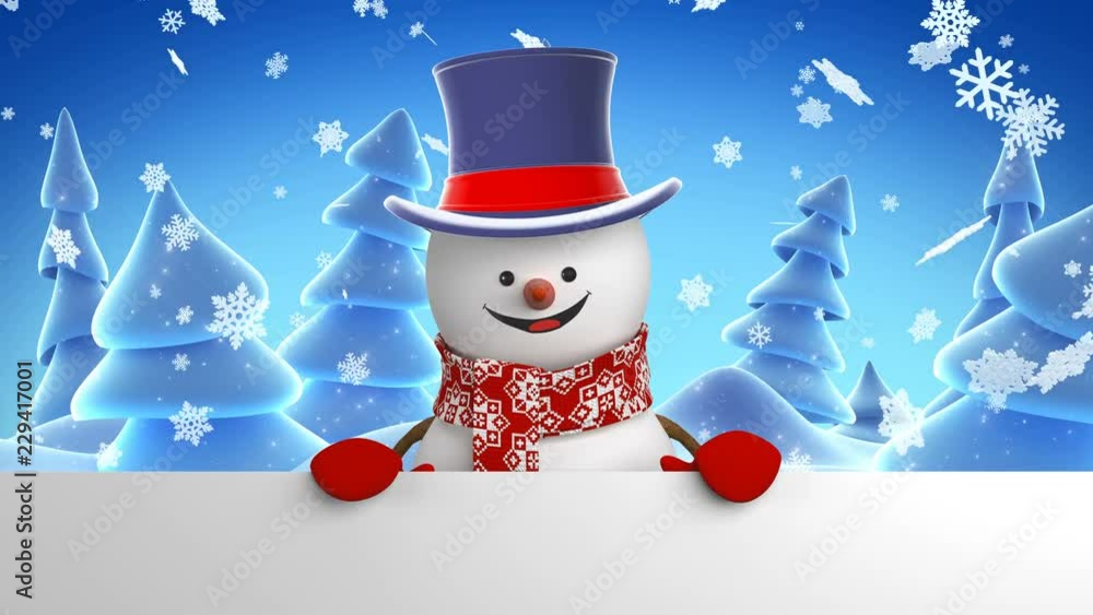 Happy Snowman in Cylinder Hat Greeting on Winter Forest Background ...