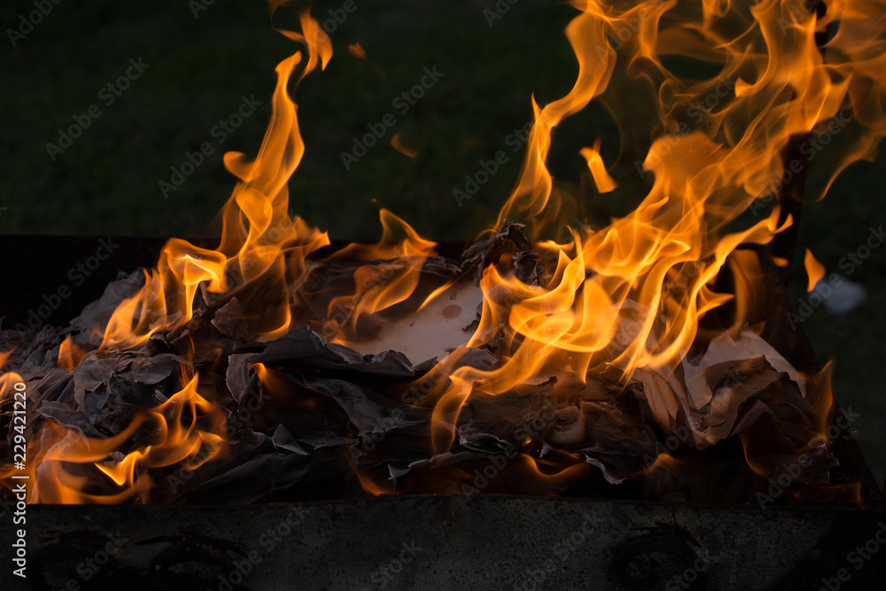 Flaming fire. Documents burning. Dance of fire spirits. Ignition of ...