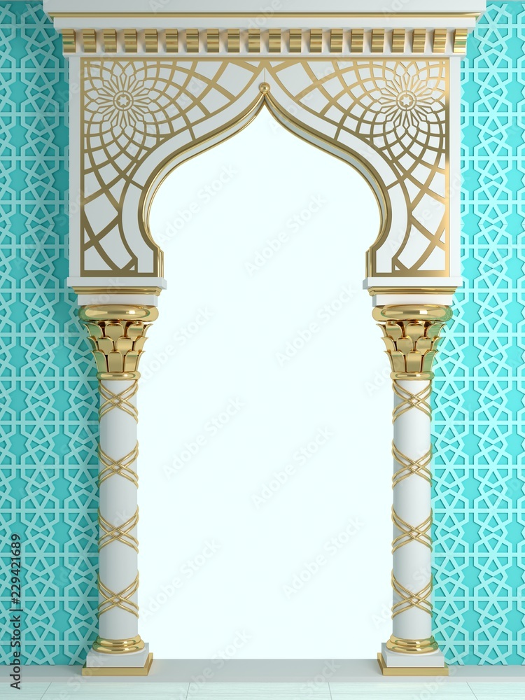 3d illustration. Eastern arch of the mosaic. Carved architecture and ...